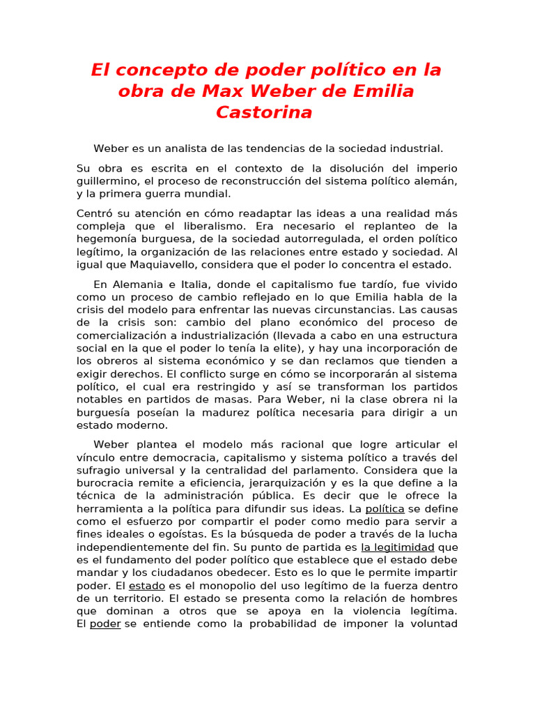 El Concepto de Poder Político en La Obra de Max Weber de Emilia Castorina | PDF | Burocracia ...