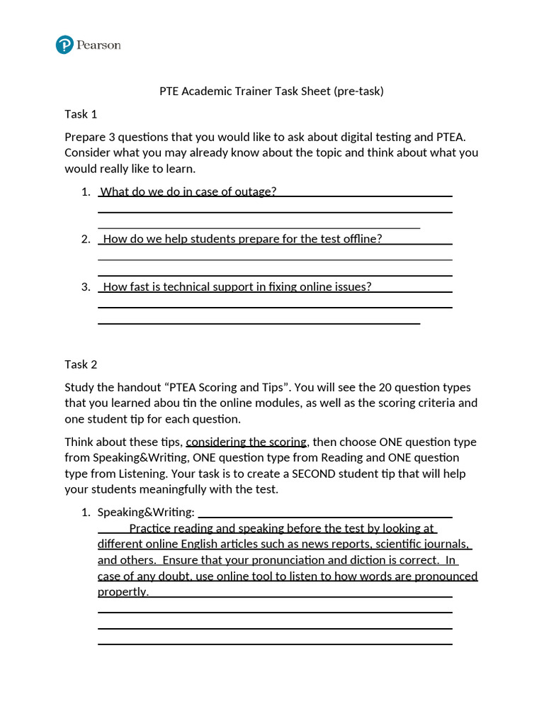 PTE Academic Trainer Pre-Task Sheet | PDF