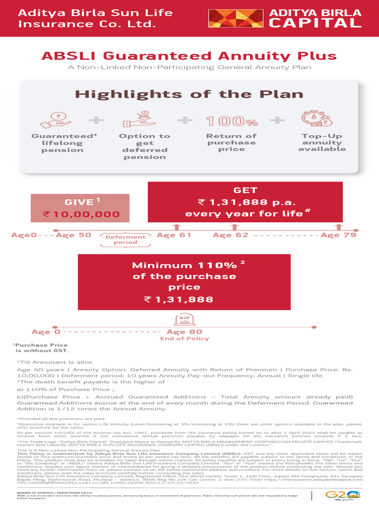 Highlights of The Plan: ABSLI Guaranteed Annuity Plus | PDF | Life ...