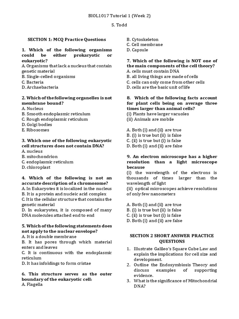 Tutorial Sheet #1 Cell Biology | PDF | Cell (Biology) | Eukaryotes