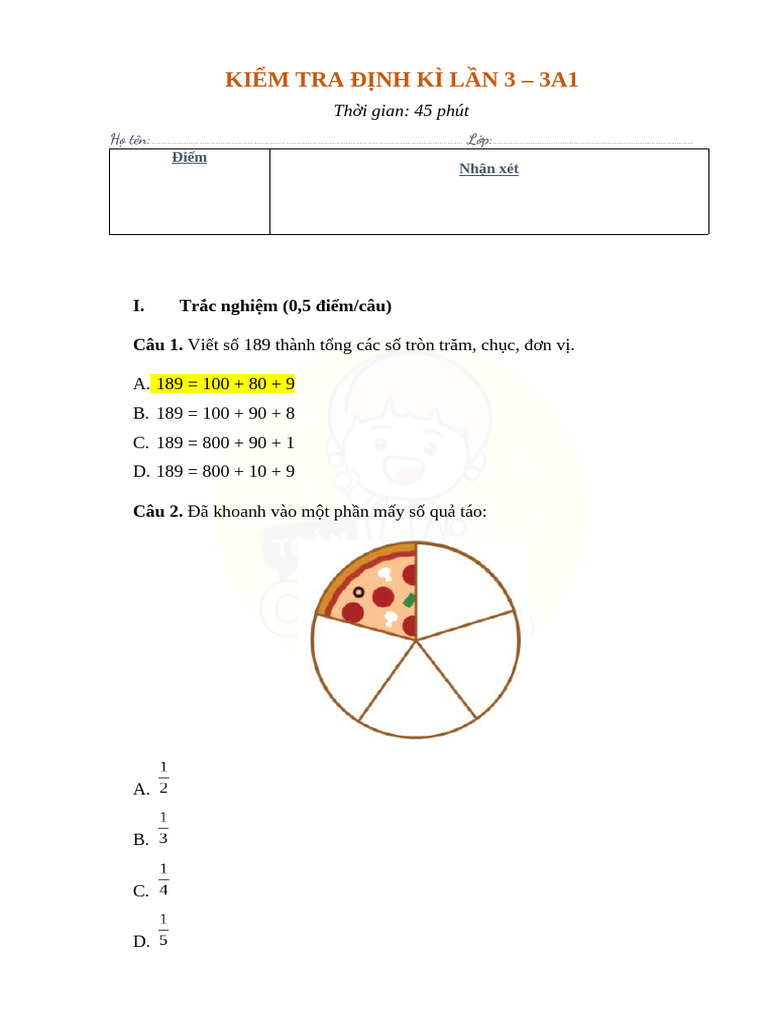 Đề Kiểm Tra Định Kì Lần 3 Lớp 3a1 | PDF