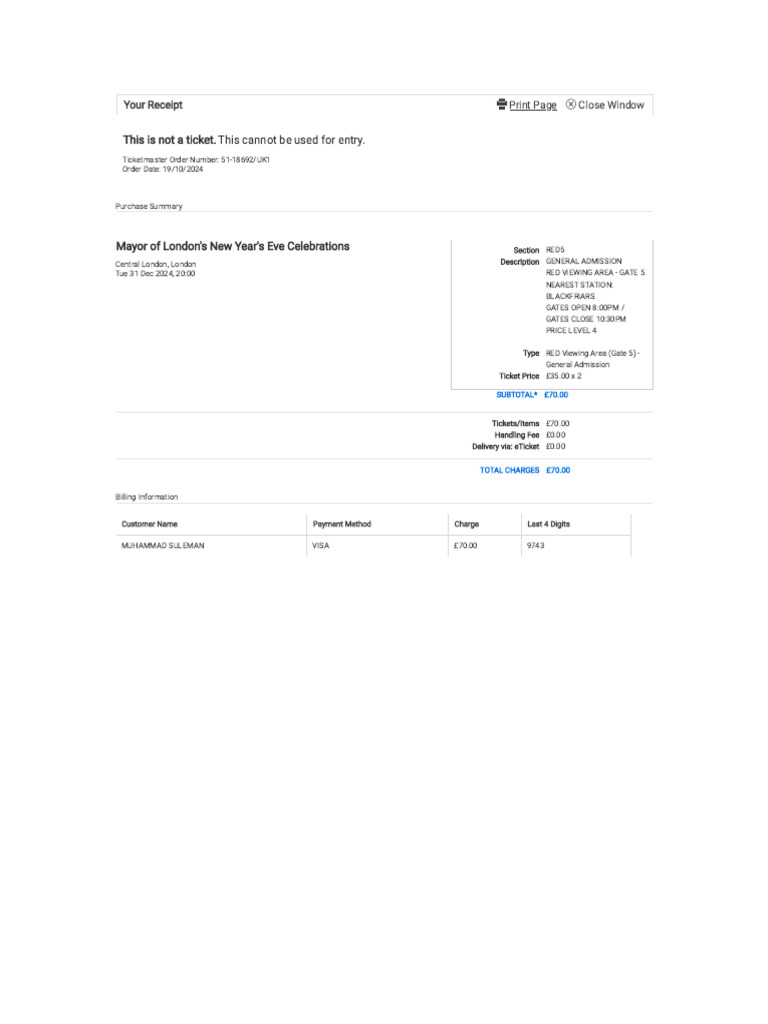 Ticketmaster Member Services - Print Receipt | PDF