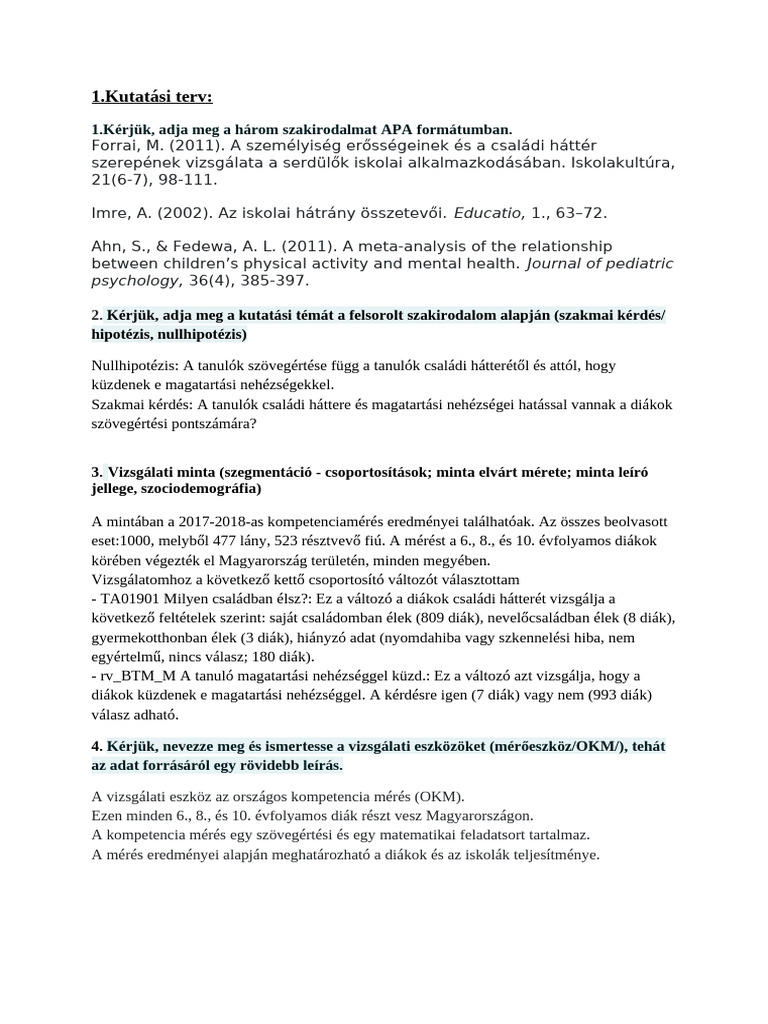 1.kutatási Terv:: 1.kérjük, Adja Meg A Három Szakirodalmat APA ...