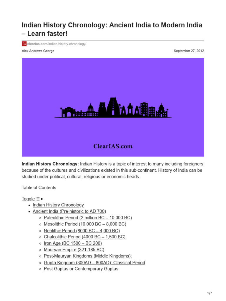 Indian History Chronology Ancient India To Modern India (Short Note ...