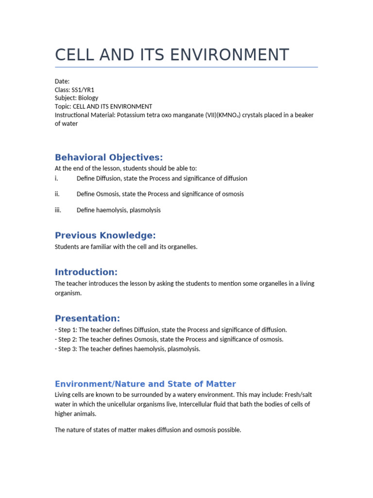 Cell and Its Environment | PDF | Osmosis | Diffusion