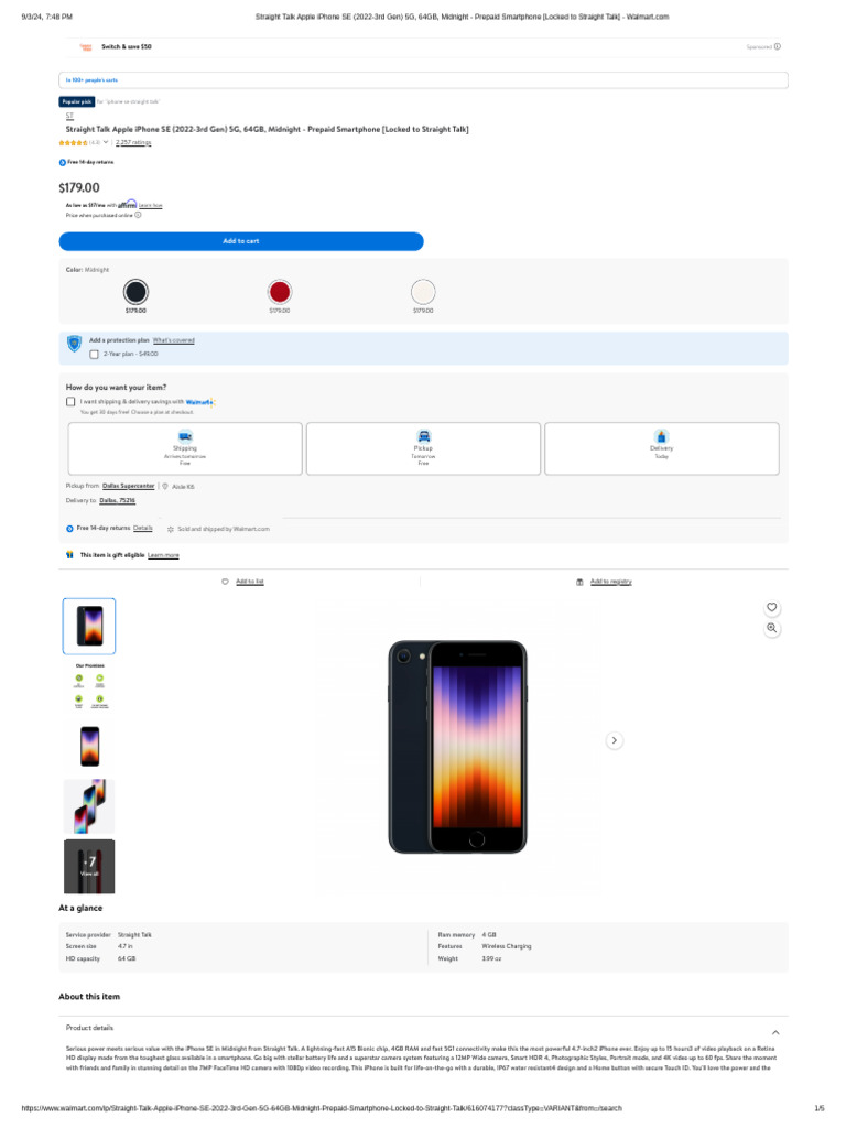 Straight Talk Apple Iphone SE (2022-3rd Gen) 5G, 64GB, Midnight ...