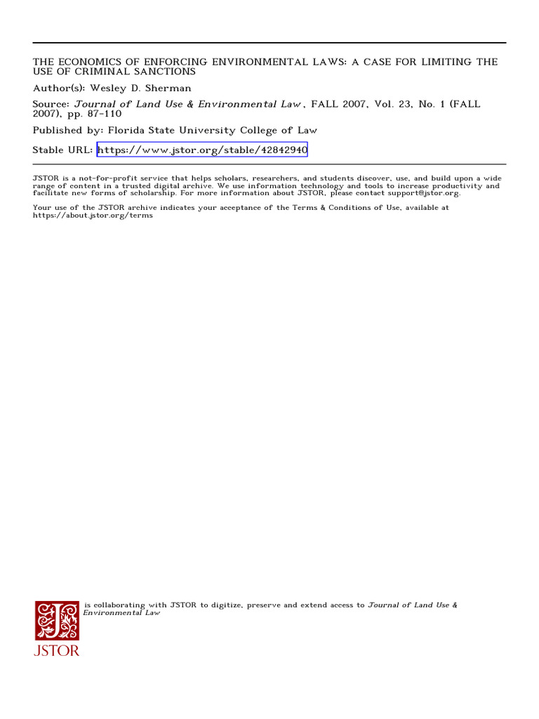 The Economics of Enforcing Environmental Laws A Case For Limiting The ...