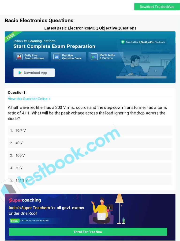 MCQ On Basic Electronics 5eea6a0939140f30f369da28 | PDF