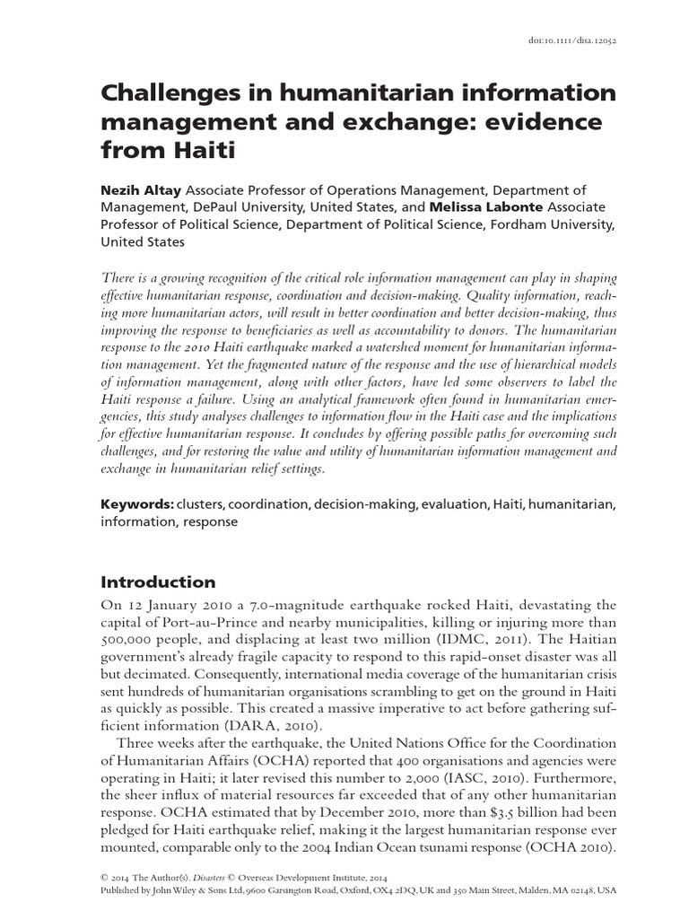 Challenges in Humanitarian Information Management and Exchange: Evidence From Haiti | PDF ...
