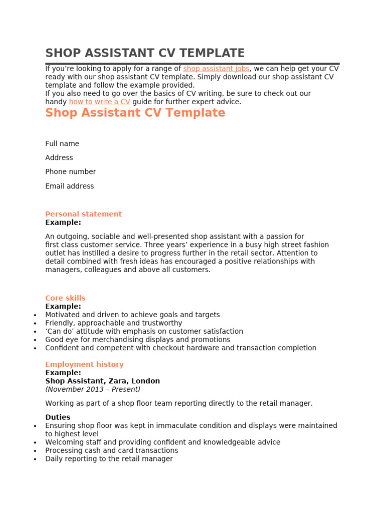 Shop Assistant CV Template | PDF | Business