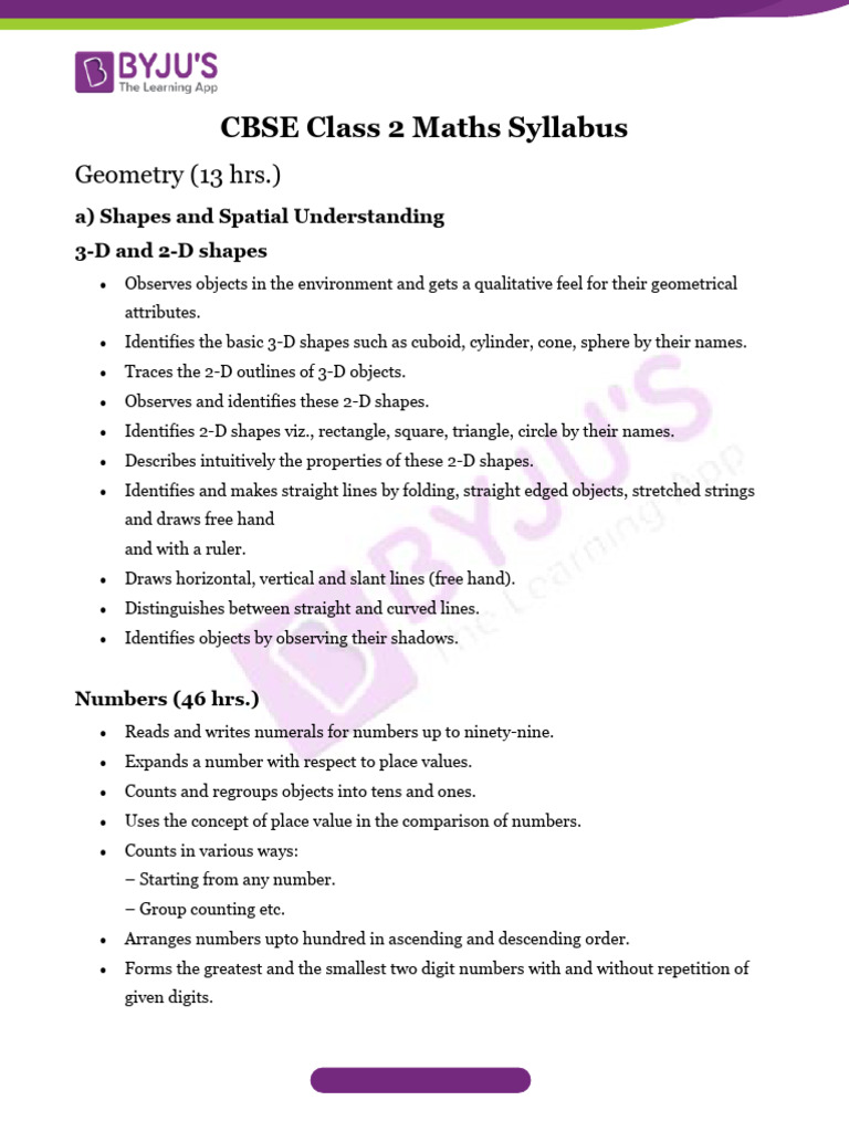 CBSE Class 2 Maths Syllabus | PDF | Shape | Numbers