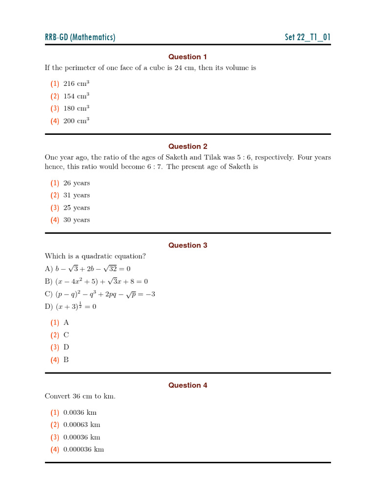 RRB-GD (Mathematics) Set 22 - T1 - 01: B B X X X P Q Q PQ P X | PDF | Ratio | Elementary Mathematics