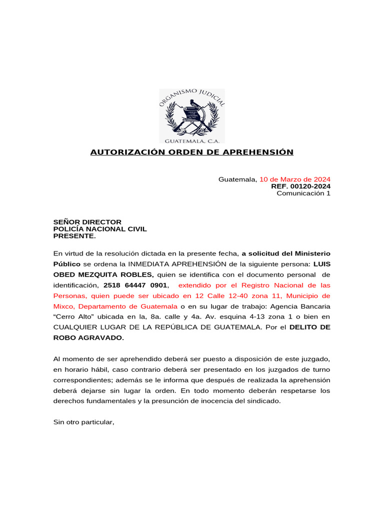 Orden de Aprehensión: Luis Obed Mezquita | PDF