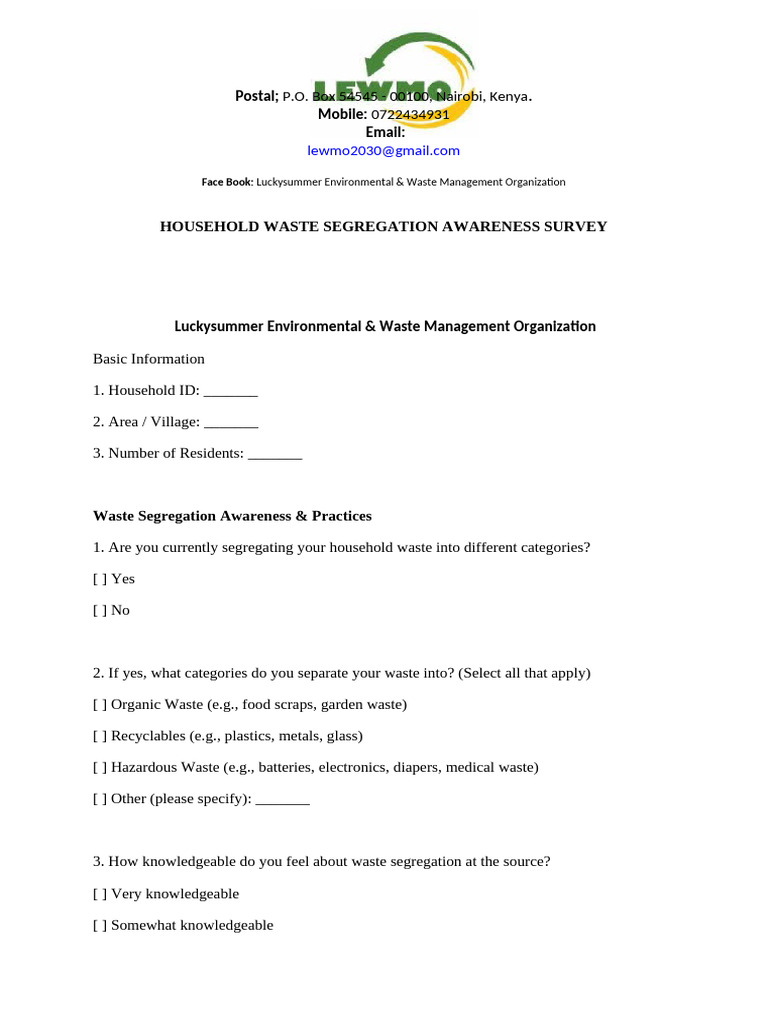 Household Waste Segregation Awareness Survey | PDF