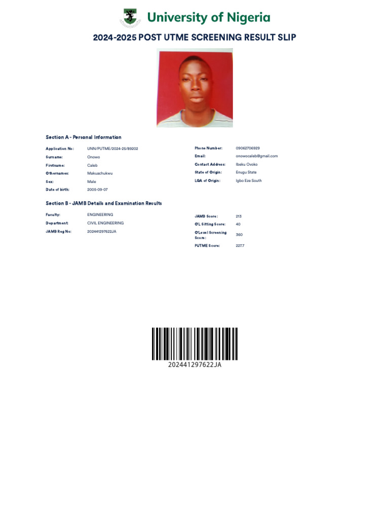 2024-2025 Post Utme Screening Result Slip: Section A - Personal ...