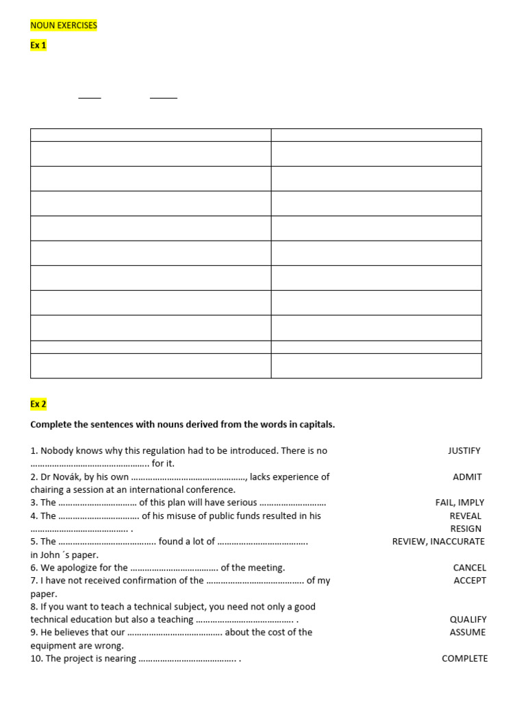 Noun Exercises 1-1 | PDF | Verb | Plural