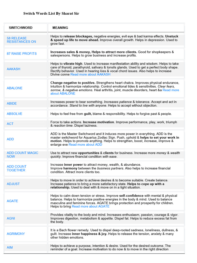 Switch Words List - Switch Words List by Sharat Sir - Litairian 2 ...