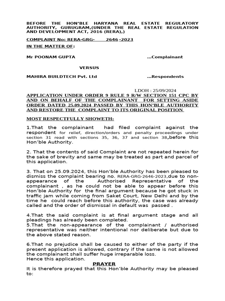 Restoration Petition Before Rera | PDF | Complaint | Legal Procedure