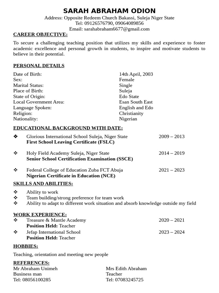 Sarah Abraham Odion CV | PDF