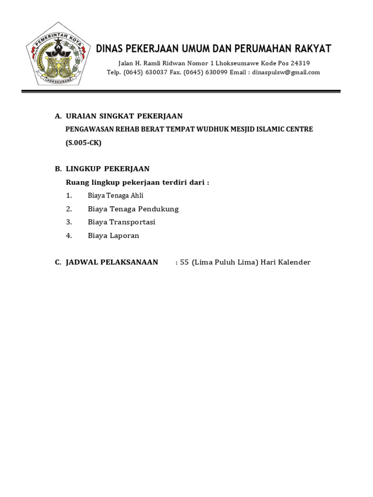Uraian Singkat Pekerjaan Kontrak S.005-CK | PDF