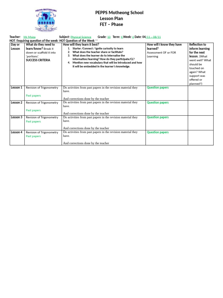 10 G10 Maths T4 W6 Lesson Plan | PDF | Lesson Plan | Learning