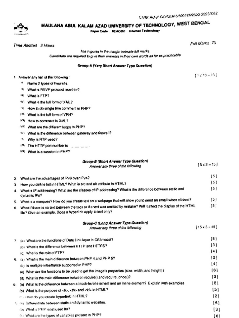 Internet Technology Question Paper | PDF