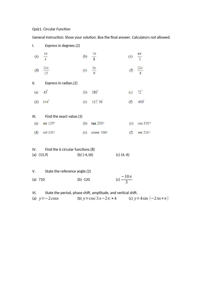 Quiz1 Circular Function | PDF