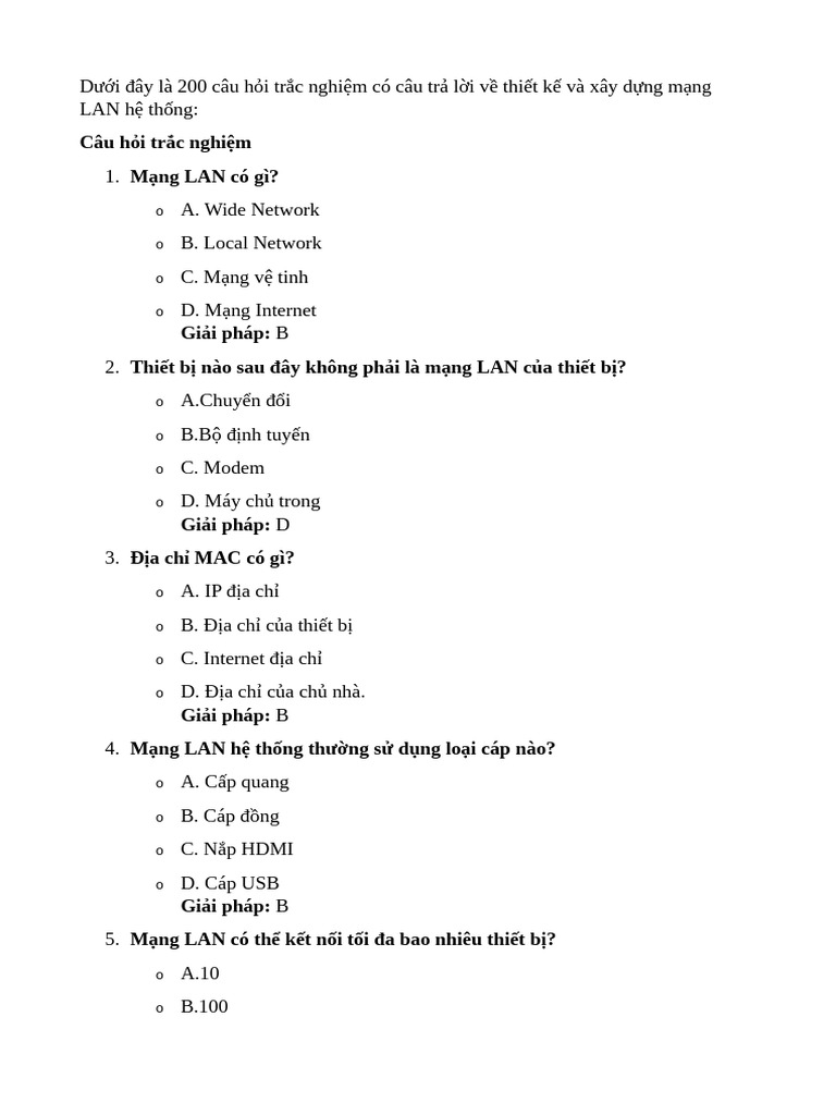 Trac Nghiem Mon Thi Cong Va Thiet Ke He Thong Mang Lan | PDF