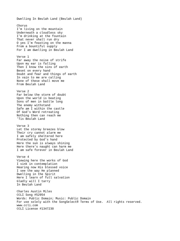 Dwelling in Beulah Land (Beulah Land) - Lyrics | PDF