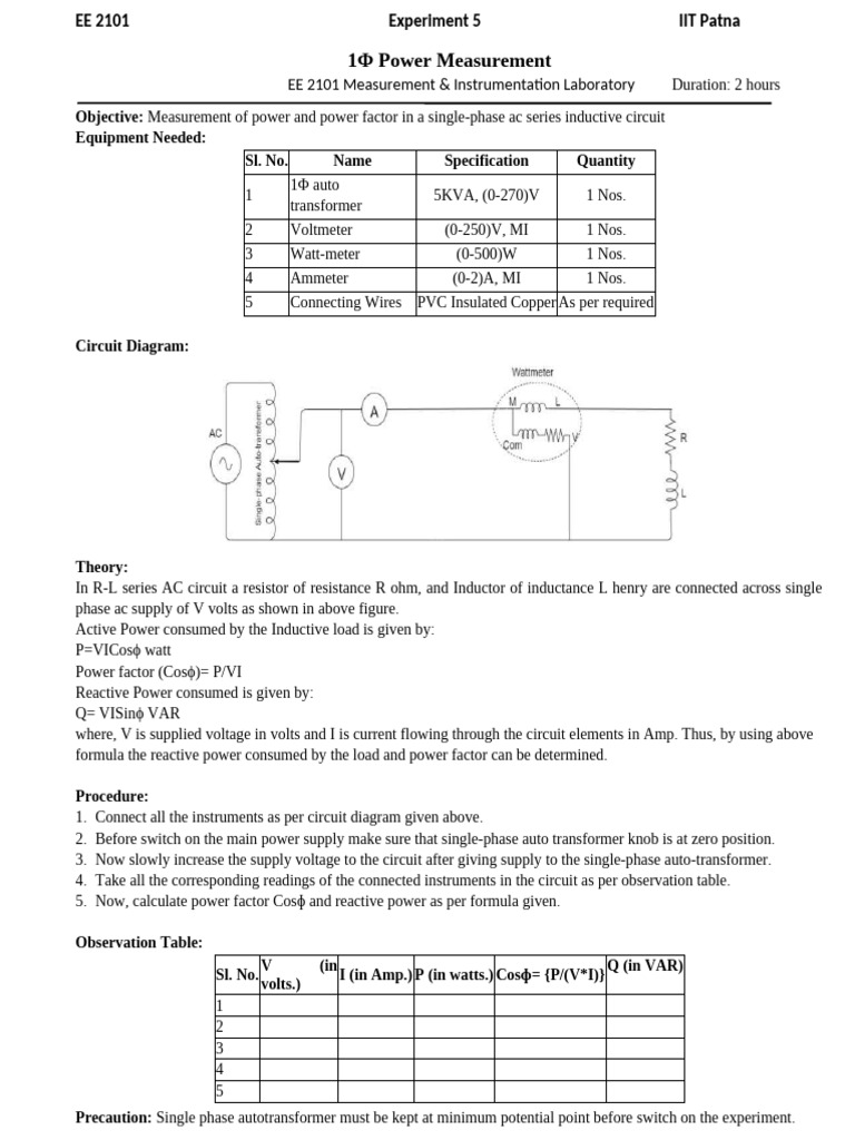 Single-Phase Power Measurement Experiment | PDF | Ac Power | Voltage