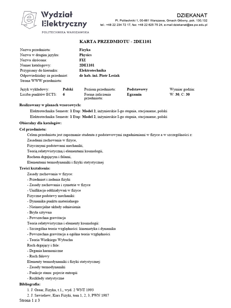2DE1101 Karta Przedmiotu | PDF