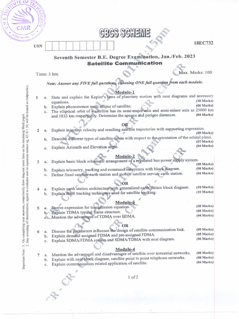VTU Question Paper of 18EC732 Satellite Communication Jan-Feb-2023 | PDF