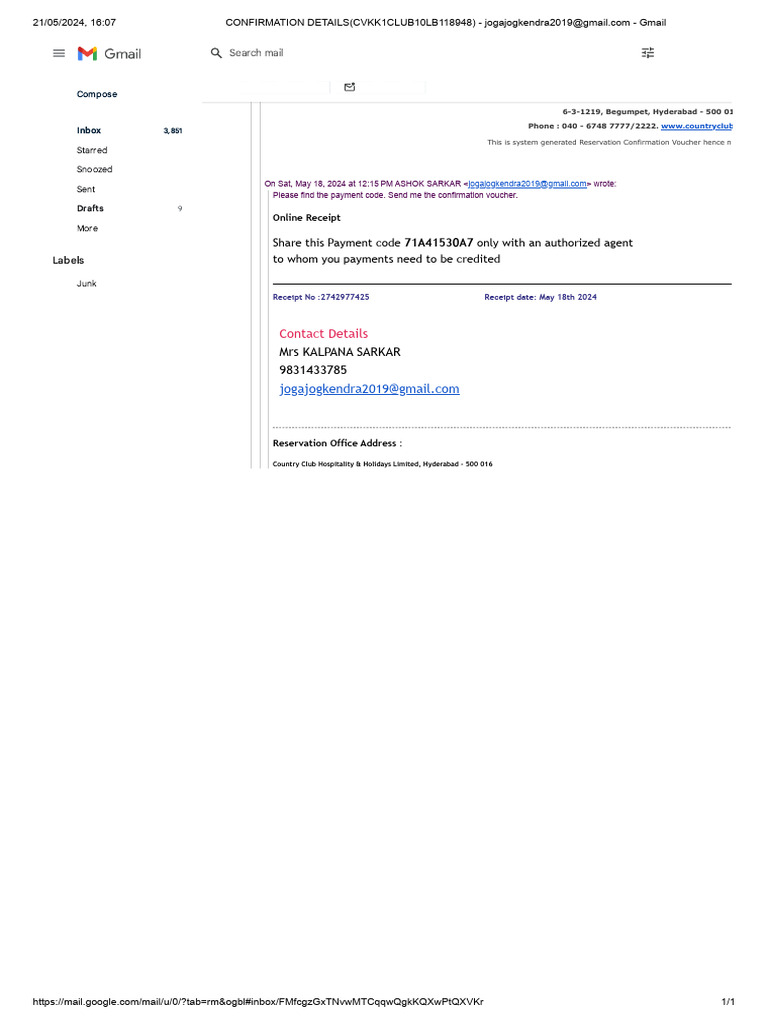 CONFIRMATION DETAILS (CVKK1CLUB10LB118948) - Jogajogkendra2019@gmail - Com - Gmail | PDF