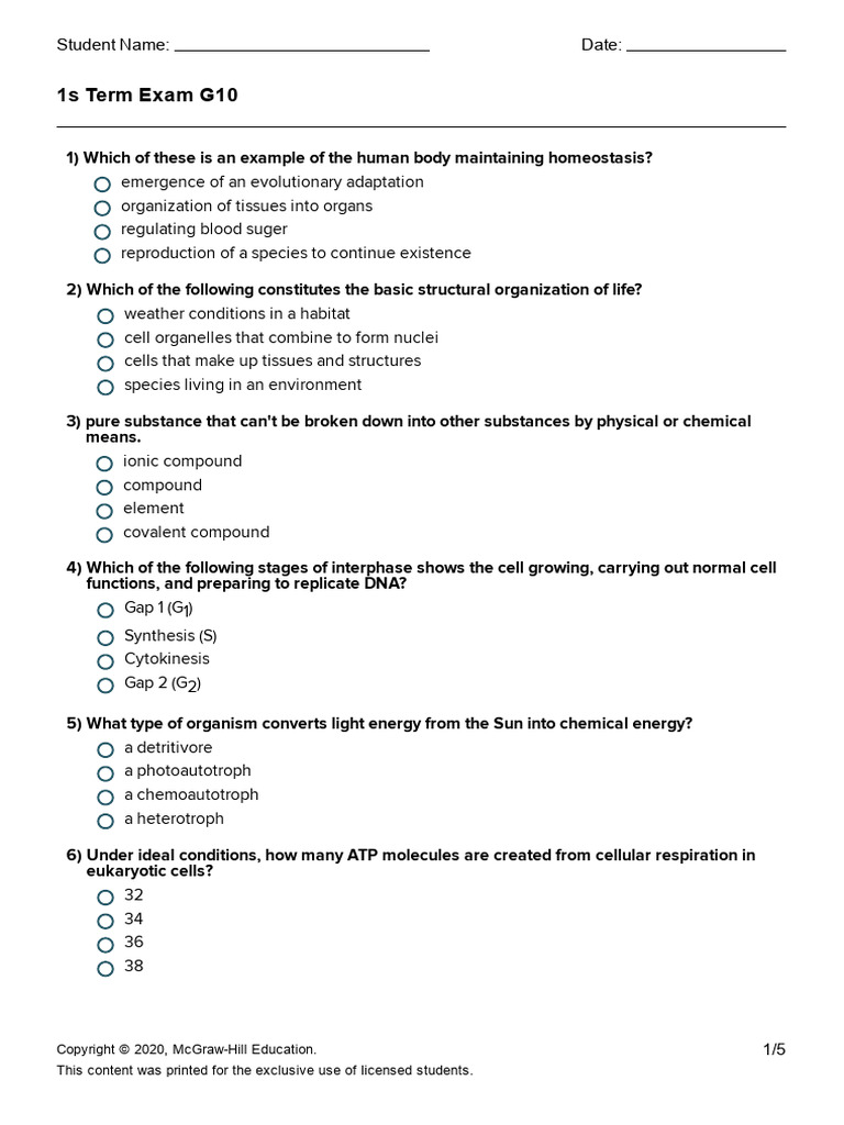 1s Term Exam G10 2 | PDF | Cell (Biology) | Biology
