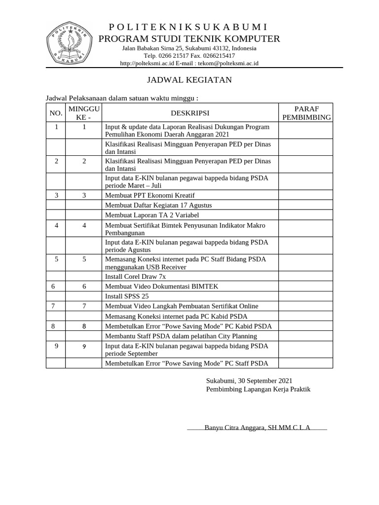 Form Jadwal Kegiatan Dan Penilaian | PDF | Bisnis | Seni