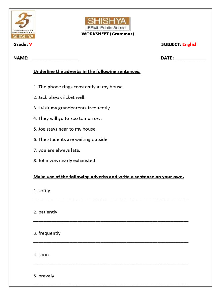 Grade 5 English Worksheet (Adverb, SV) | PDF