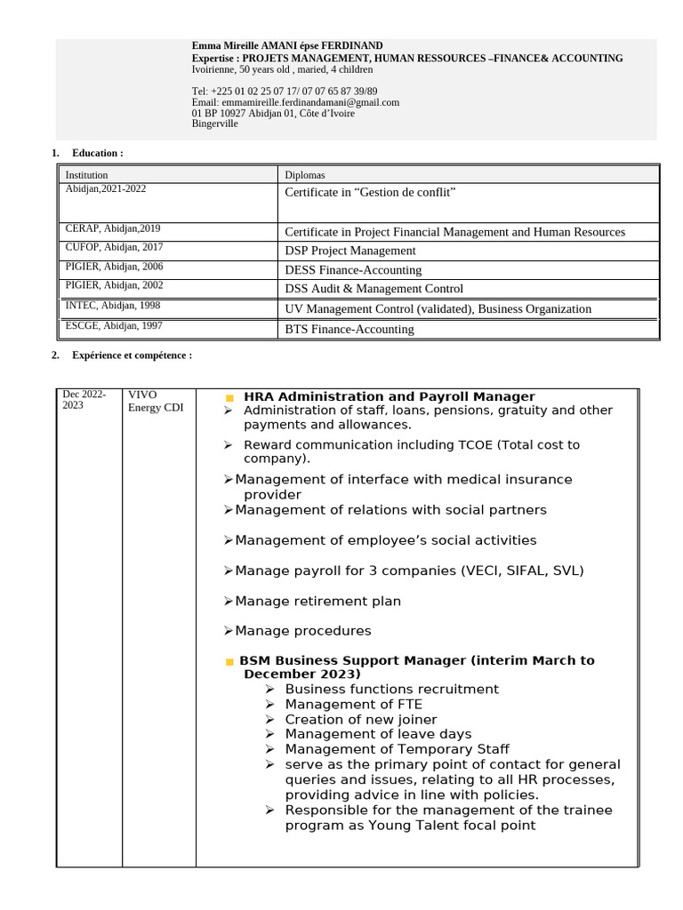 CV Emma Mireille AMANI Ã©pse FERDINAND 2023 | PDF | Payroll | Employment