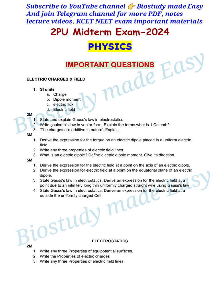 2PU Physics Important Questions Midterm-2024 | PDF