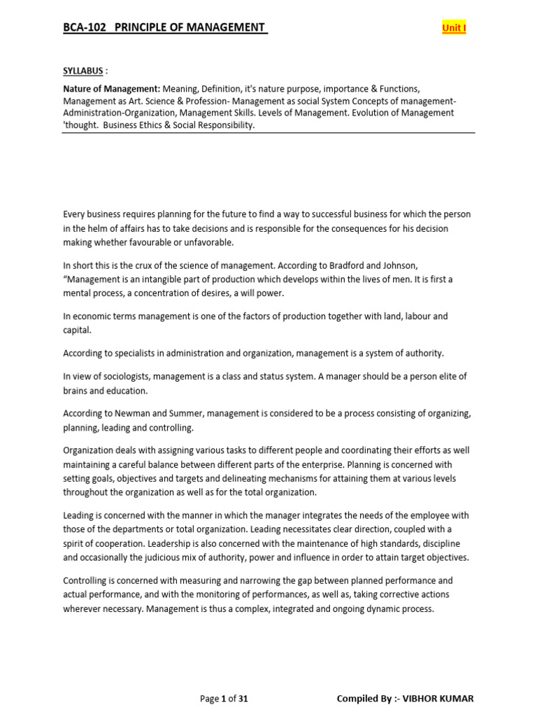 UNIT - 1 - Principles of Management | PDF | Bureaucracy | Science