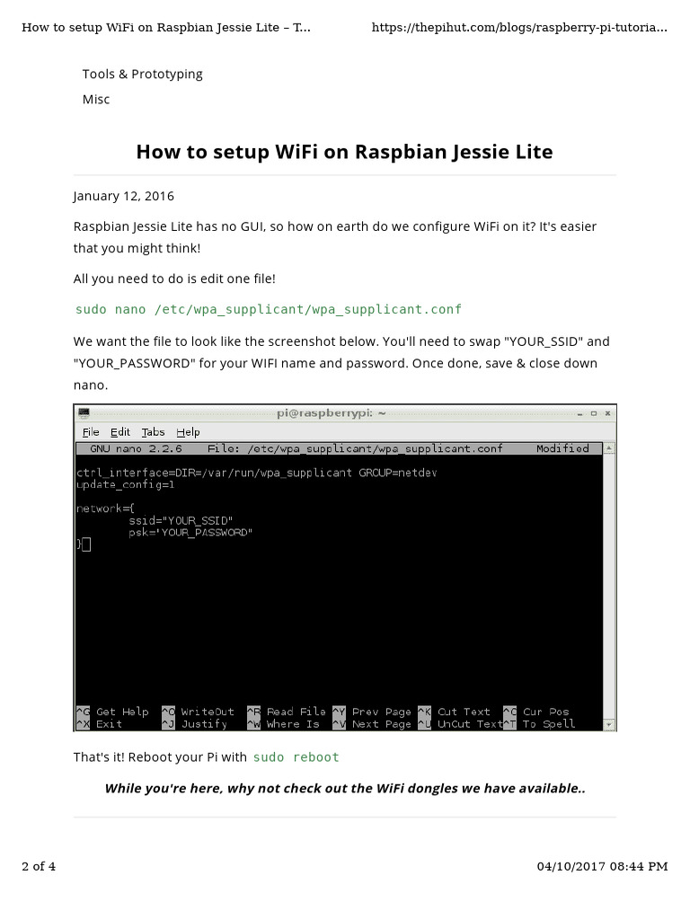 Thepihut2017-Setup Wifi Raspbian Jessi Lite | PDF