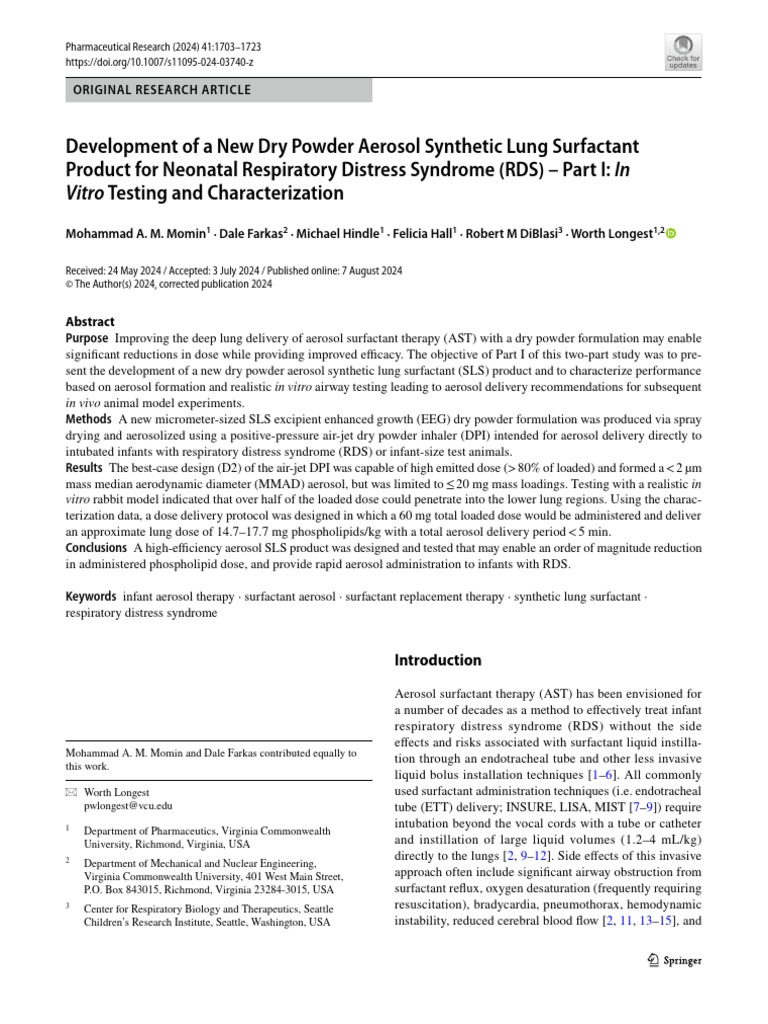 Development of A New Dry Powder Aerosol Synthetic Lung Surfactant Product For Neonatal ...