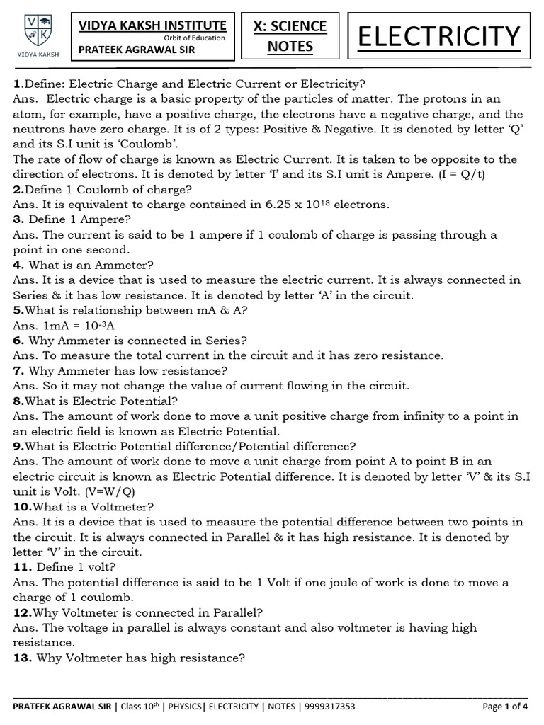 Class 10 Physics Electricity Notes | PDF | Voltage | Electrical ...