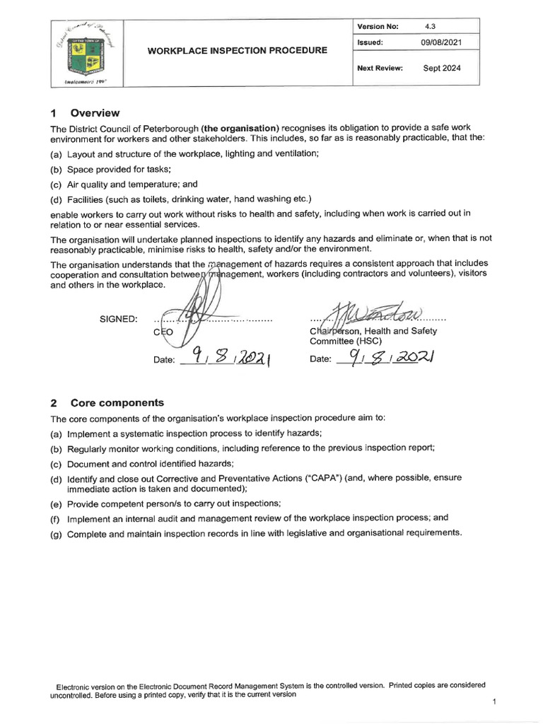 Workplace Inspection Procedure V4.3 | PDF | Occupational Safety And ...