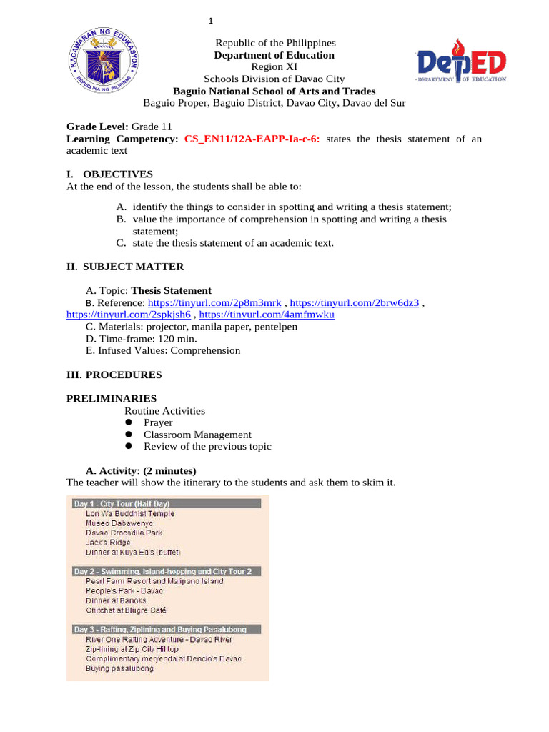 Thesis Statement Lesson Plan | PDF | Essays | Thesis