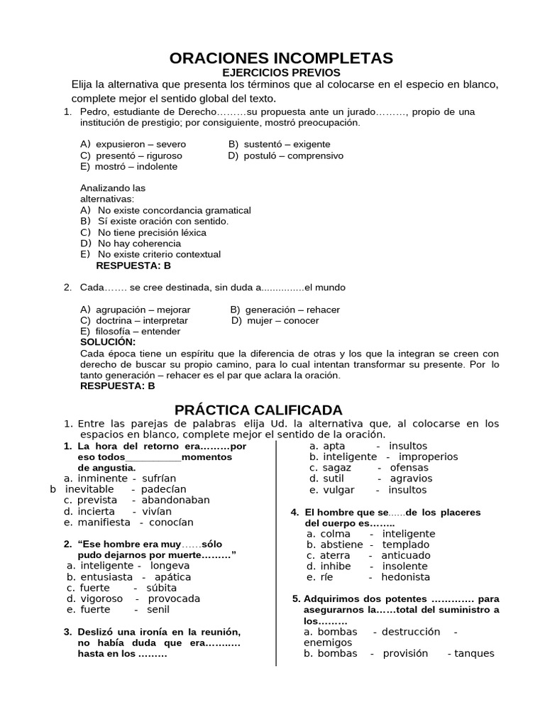 Ejercicios Previos, Práctica y Tarea de Oraciones Incompletas | PDF