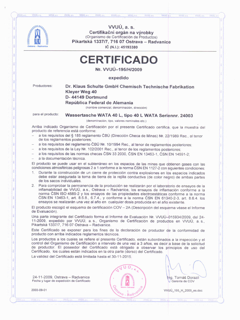 Certificado WaTa 40 L 2009 and 2015 | PDF