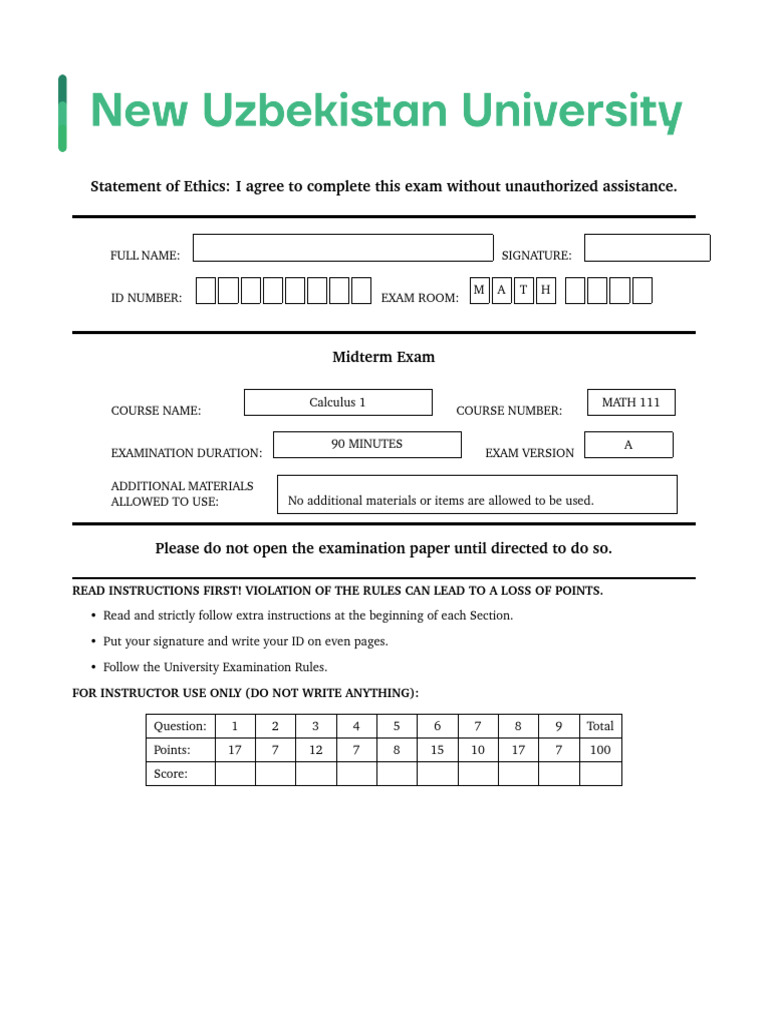 Calculus 1 Midterm Exam Instructions | PDF | Mathematics