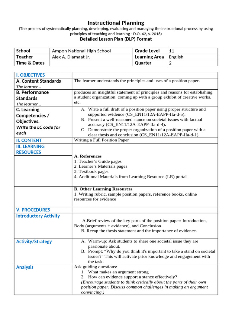 Position Paper day 3 | PDF | Homework | Argument