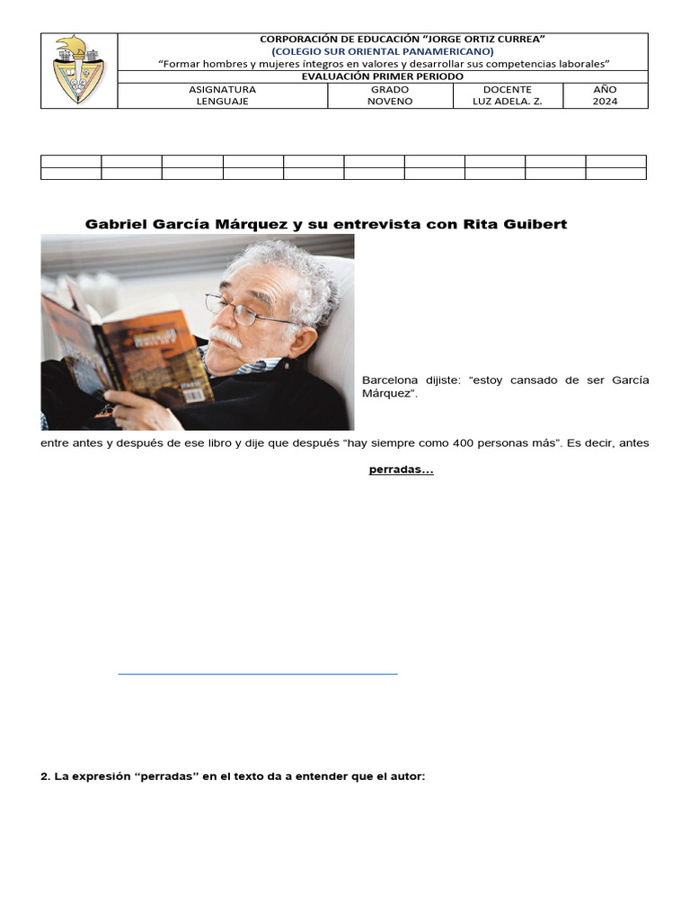 Evaluación de Lenguaje Grado 9° | PDF | Gabriel García Márquez