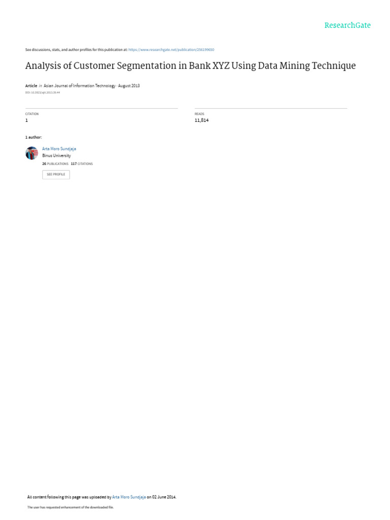 Analysis of Customer Segmentation in Bank XYZ Using Data Mining Technique | PDF | Computers